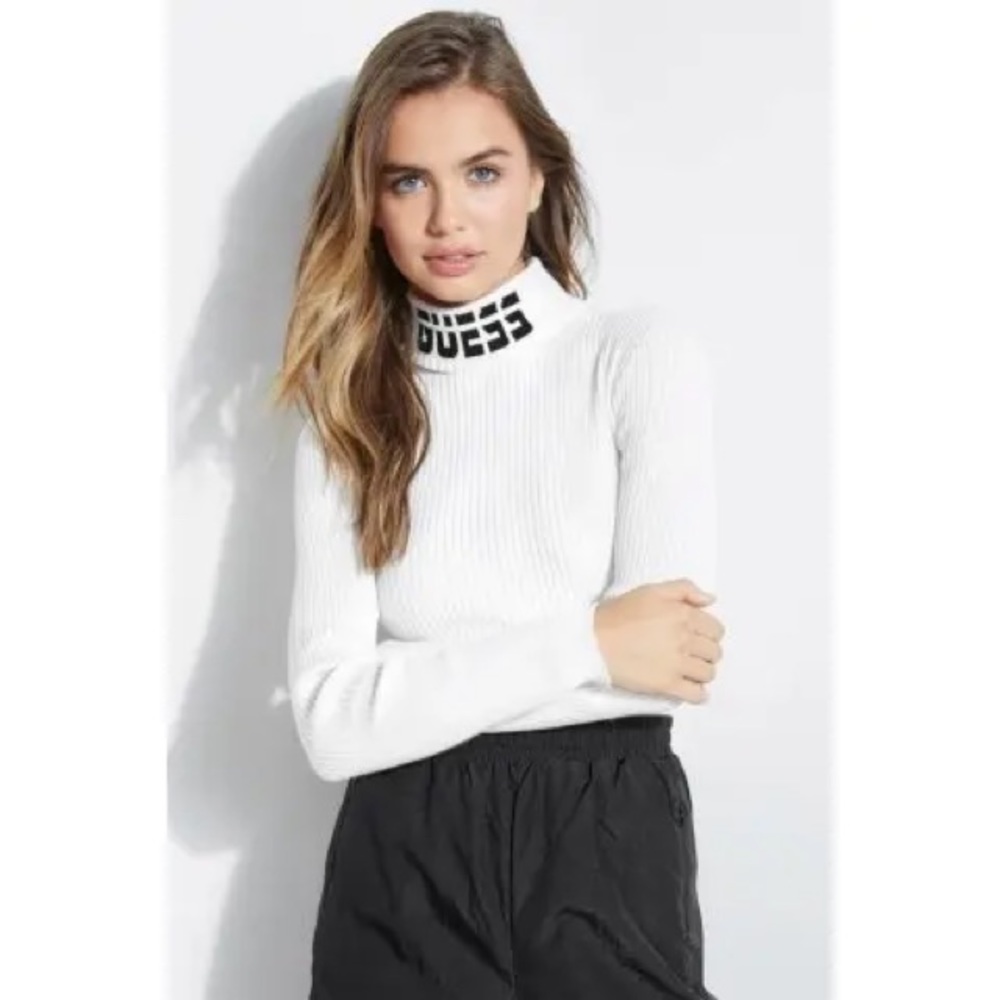 Guess Holly Logo White Turtleneck Sweater - Gem